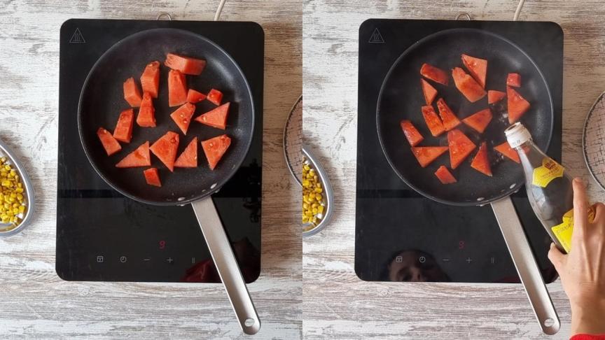 Ensalada de pollo confitado y sandía asada, una receta sorprendente