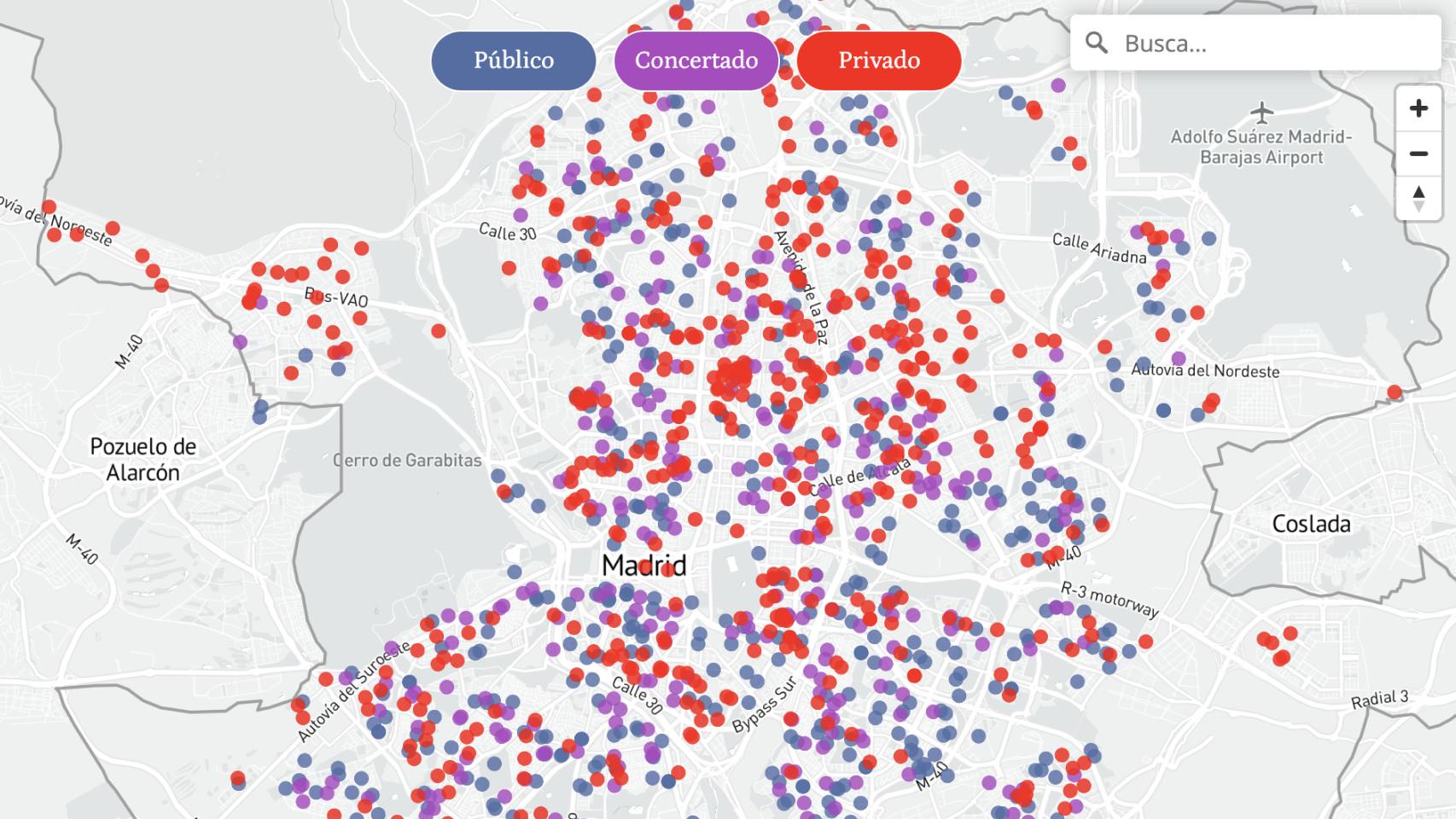 El mapa de 'coles' en Madrid: los públicos, concertados y privados en ...